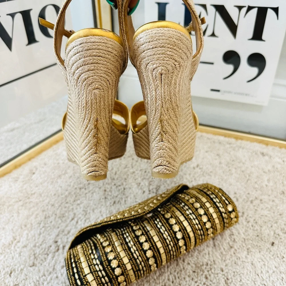 Gucci | Shoes | Authentic Gucci Genuine Gold Leather Wedge Platform ...